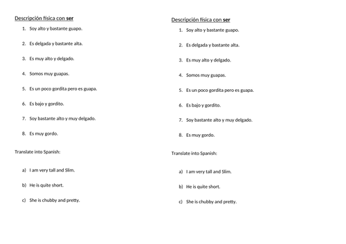 Short translation worksheet to practise descriptions with ser ...