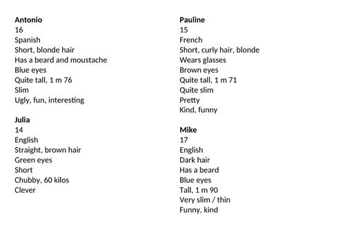 Spanish listening / writing / translation tasks on physical description ...