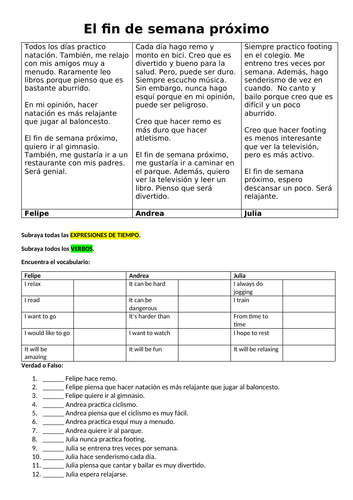 El fin de semana próximo future expressions and hobbies Spanish narrow ...