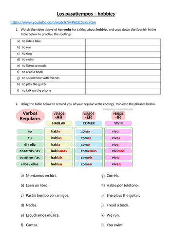Regular verbs and hobbies topic Spanish | Teaching Resources