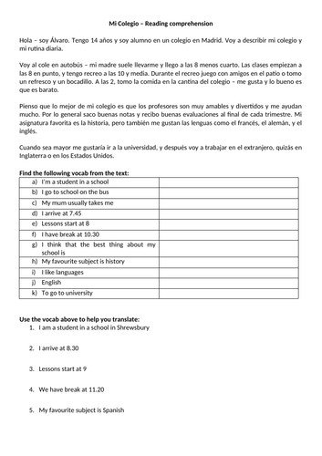 Mi colegio reading comprehension | Teaching Resources