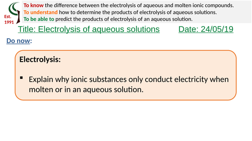 AQA Electrolysis of aqueous solution | Teaching Resources