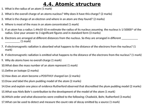 Atomic Structure 4.4 (AQA Separate Science Physics) Higher Tier (2019-2020) | Teaching Resources