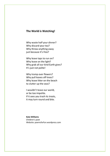 Eco-friendly poem - 'The World is Watching!' | Teaching Resources