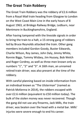 The Great Train Robbery 1963 Handout | Teaching Resources