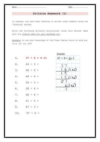 Chunking Division - Homework Sheets | Teaching Resources