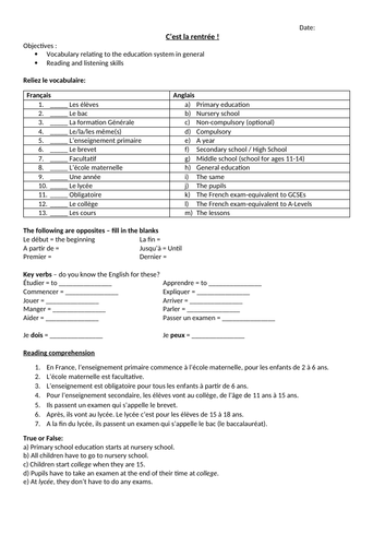 School in France reading comprehension | Teaching Resources