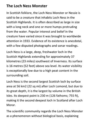 The Loch Ness Monster Handout | Teaching Resources