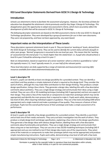 KS3 Level Descriptor Statements Derived from GCSE 9-1 Design ...