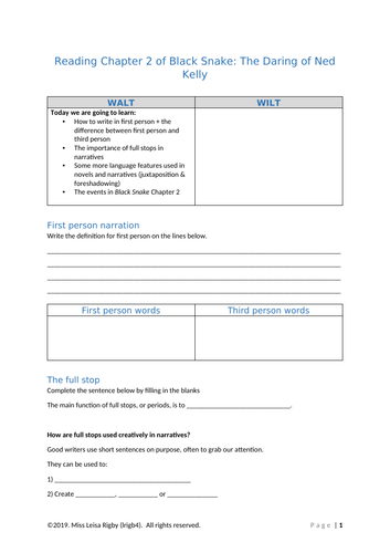 Ned Kelly English Unit - Narrative features + reading Black Snake Chapter 2 | Teaching Resources