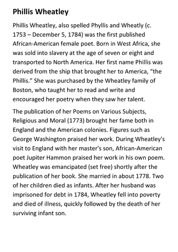 Phillis Wheatley Handout | Teaching Resources