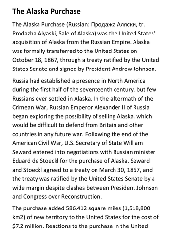 The Alaska Purchase Handout | Teaching Resources
