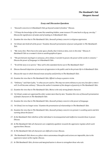Discussion Questions for The Handmaid's Tale | Teaching Resources