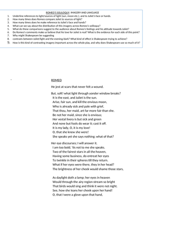Romeo's soliloquy guiding questions to support analysis - 'Romeo and ...