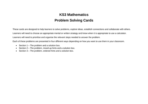Numeracy Problem Solving Cards Teaching Resources