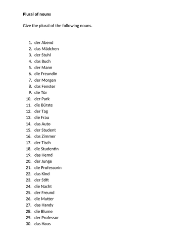 Plural of Nouns in German Worksheet 1 | Teaching Resources
