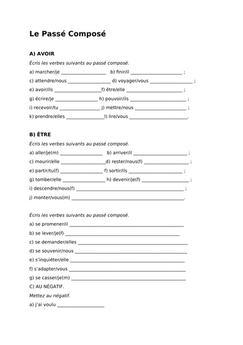 Passé Composé Workout Teaching Resources