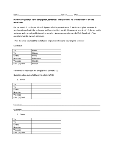 Yo go verbs conjugations, sentences, questions | Teaching Resources