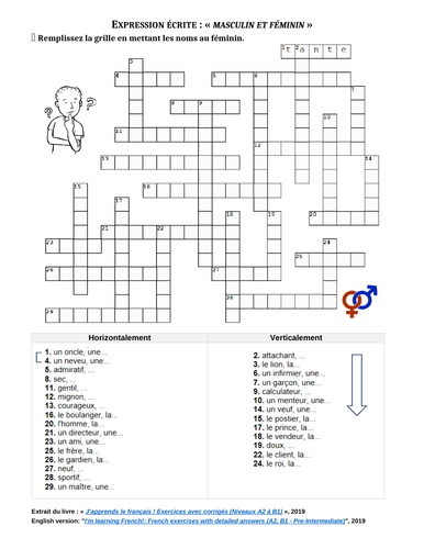 Crossword puzzle (mots croisés) on the masculine and feminine form in ...