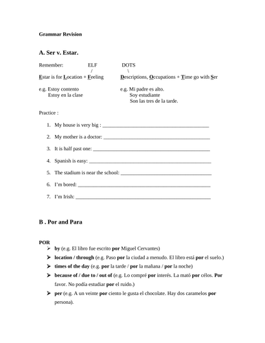 Spanish grammar revision worksheet | Teaching Resources