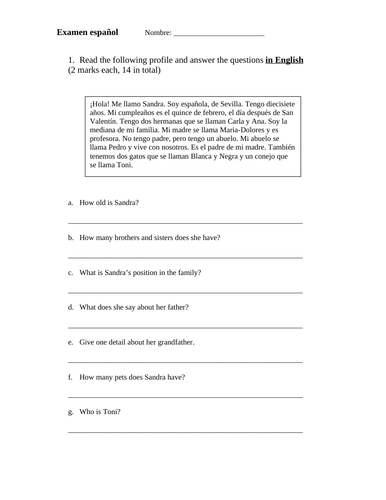 Spanish exam for 1st years | Teaching Resources
