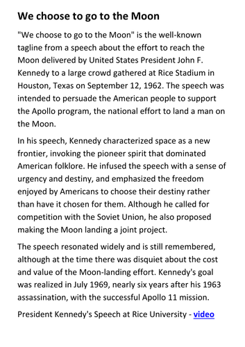 JFK We choose to go to the Moon Speech Handout | Teaching Resources