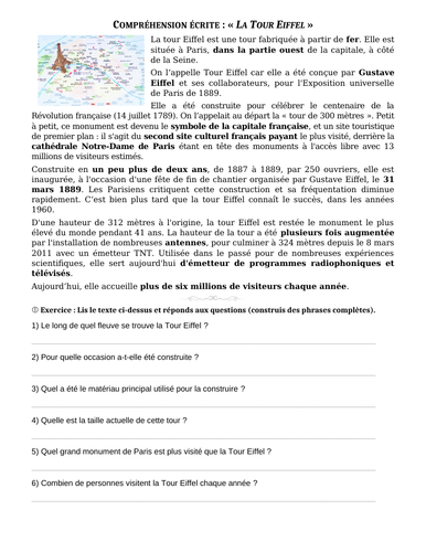 "La Tour Eiffel" - Comprehension & Writing in French about the Eiffel ...