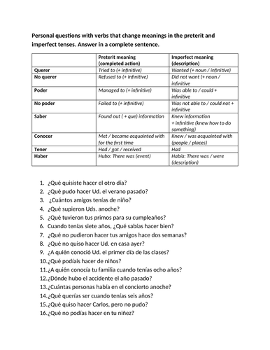 Personal questions meaning change verbs preterit imperfect | Teaching ...
