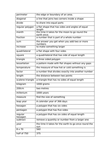 Numeracy vocabulary activity | Teaching Resources