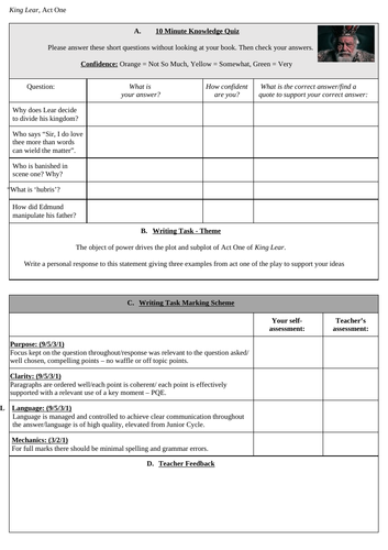King Lear, Act One, Summative Assessment Task | Teaching Resources