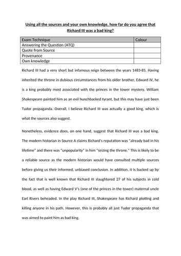 Common Entrance Richard III Model Source Analysis Answer | Teaching ...