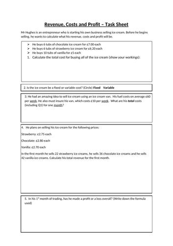 Revenue/Costs/Profit Worksheet | Teaching Resources