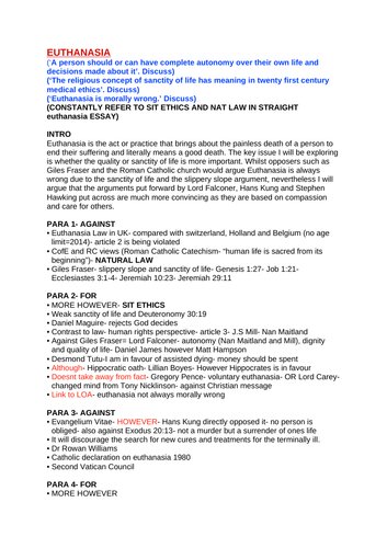OCR RELIGIOUS STUDIES- Euthanasia ESSAY PLANS | Teaching Resources