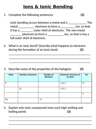 NEW AQA GCSE (2016) Chemistry - Ions & Ionic Bonding Homework ...