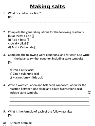 NEW AQA GCSE (2016) Chemistry - Making Salts Homework | Teaching Resources