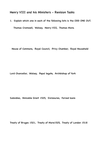 Revision Exercises for Edexcel GCSE Unit - Henry viii and his Ministers ...