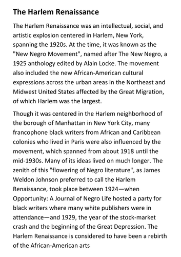 The Harlem Renaissance Handout | Teaching Resources
