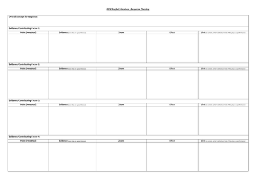 GCSE English Literature Response Planning Frame | Teaching Resources