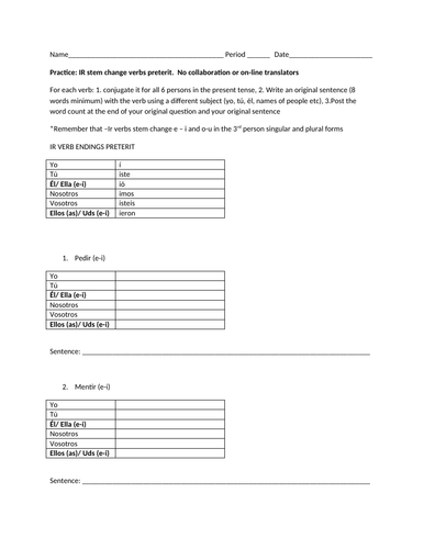 ir stem change preterit worksheet | Teaching Resources