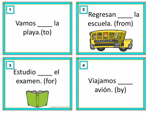 Spanish Prepositions Task Cards: Las preposiciones (a, de, por, para ...
