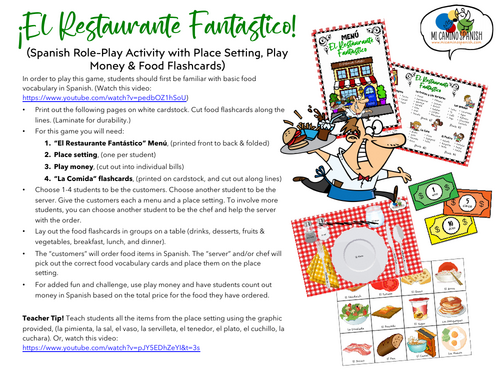 “El Restaurante Fantástico” (Spanish Role-Play Game with Flashcards ...