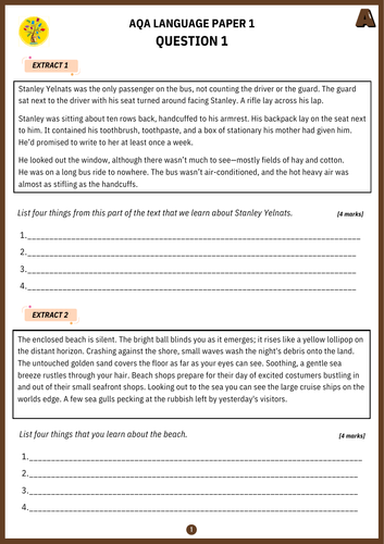 AQA Language Paper 1, Question 1 and 2 | Teaching Resources