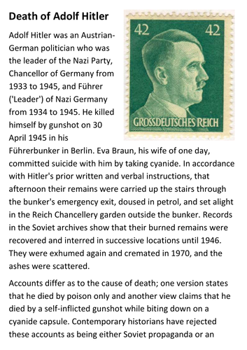Death of Adolf Hitler Handout | Teaching Resources