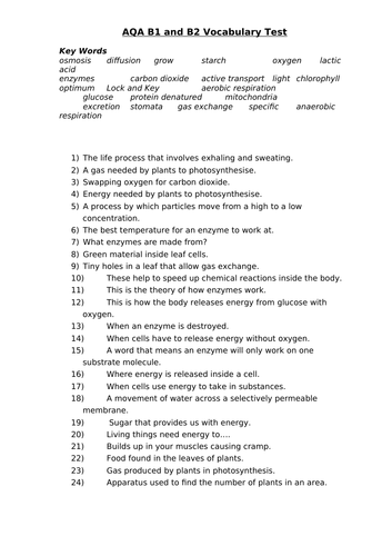 AQA Biology Key Words Tests | Teaching Resources