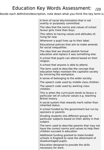 GCSE Sociology - Education - Key Terms Assessment | Teaching Resources GCSE Sociology - Education - Key Terms Assessment | Teaching Resources