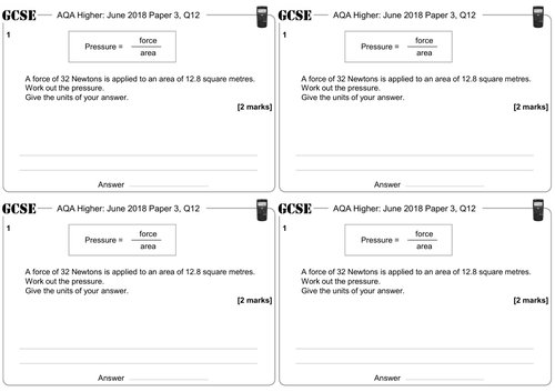 Pressure Force And Area Gcse Questions Higher Aqa Teaching Resources