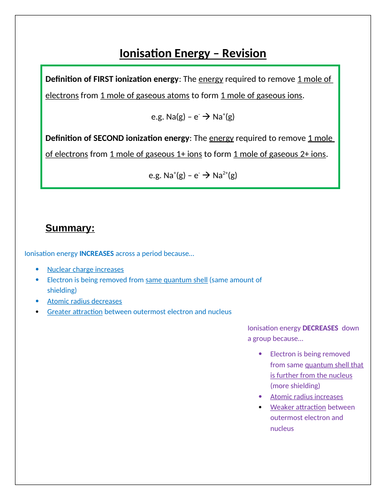 As Chemistry Ionisation Energy Revision Booklet Teaching Resources