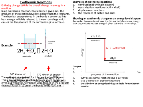 GCSE Chemistry - Endothermic and Exothermic Information sheet with ...