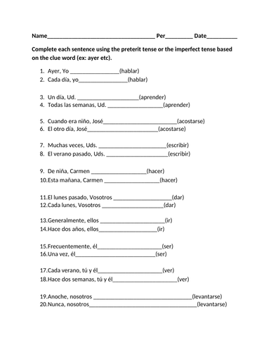 preterit imperfect practice | Teaching Resources