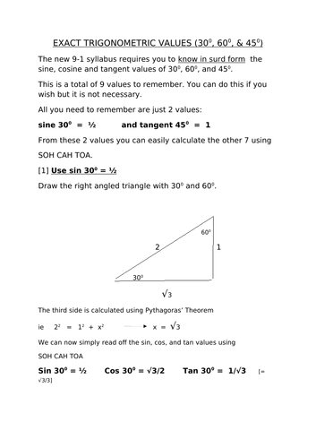 Exact trigonometric values (9-1) | Teaching Resources